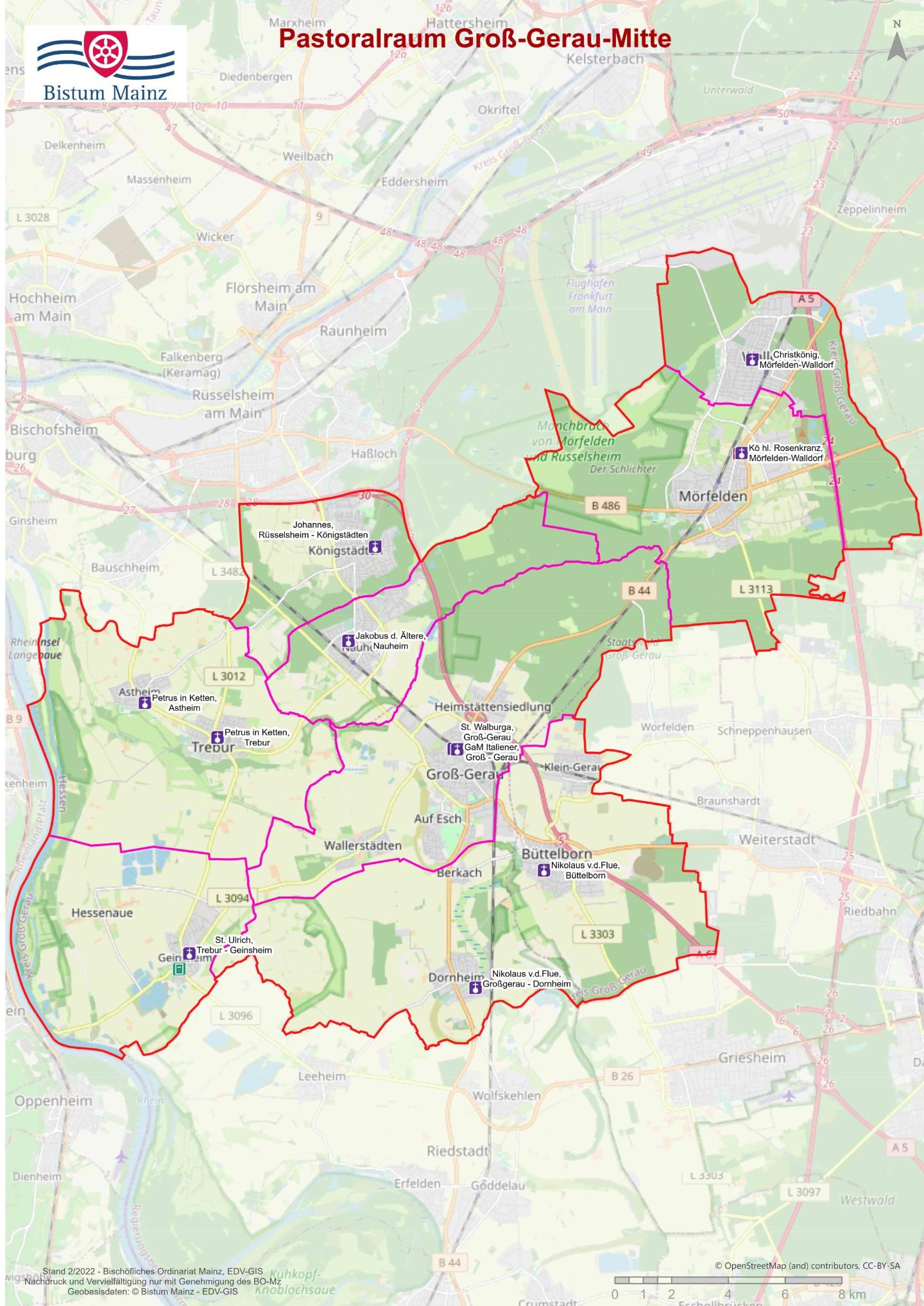 Karte des Pastoralraums Pfarrgruppe Groß-Gerau / Büttelborn